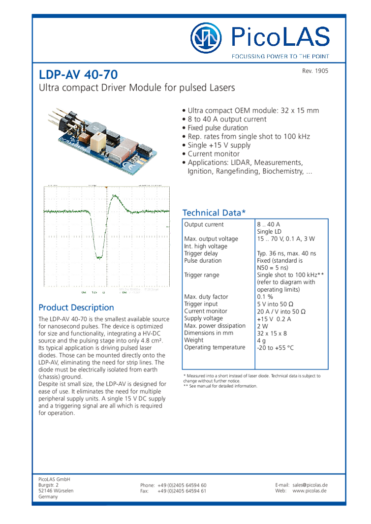 40 Amp Nanosecond Pulse Driver for Laser Diodes - PicoLAS
