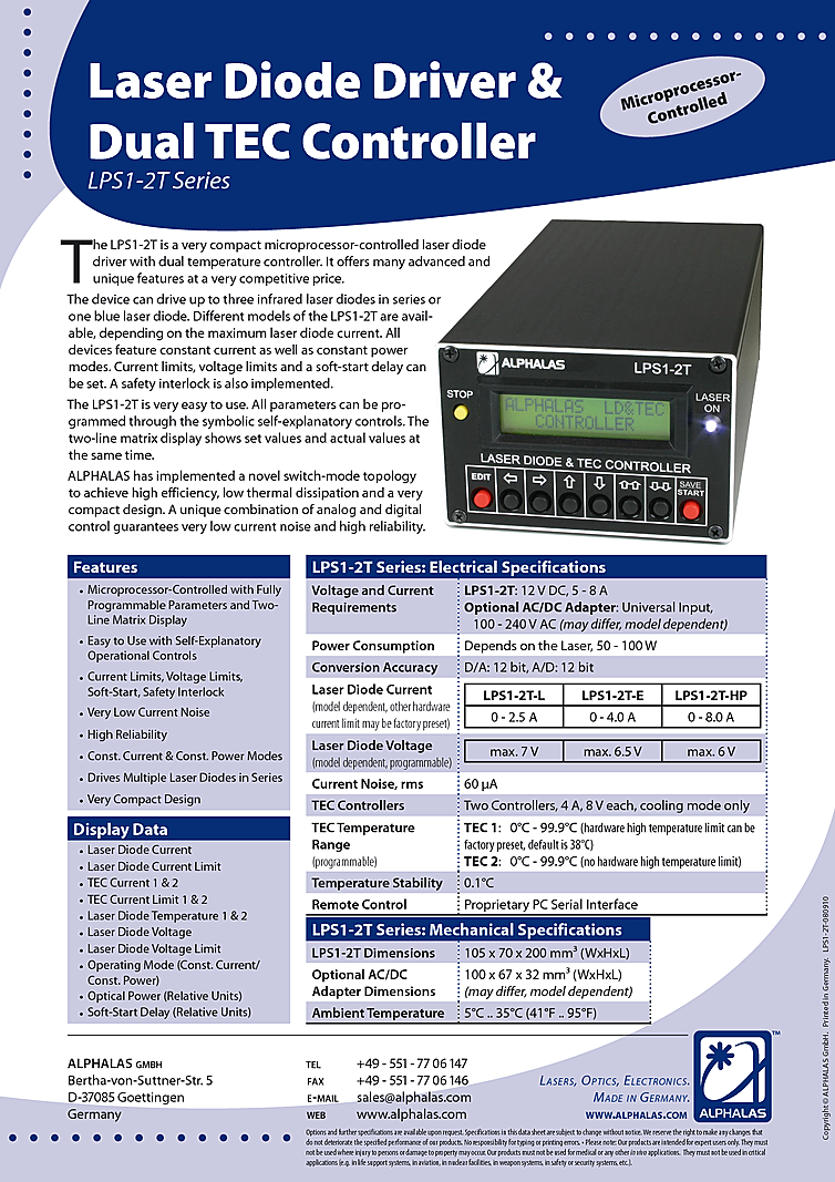 Alphalas, 4000mA, 32W, Laser Driver and TEC Controller